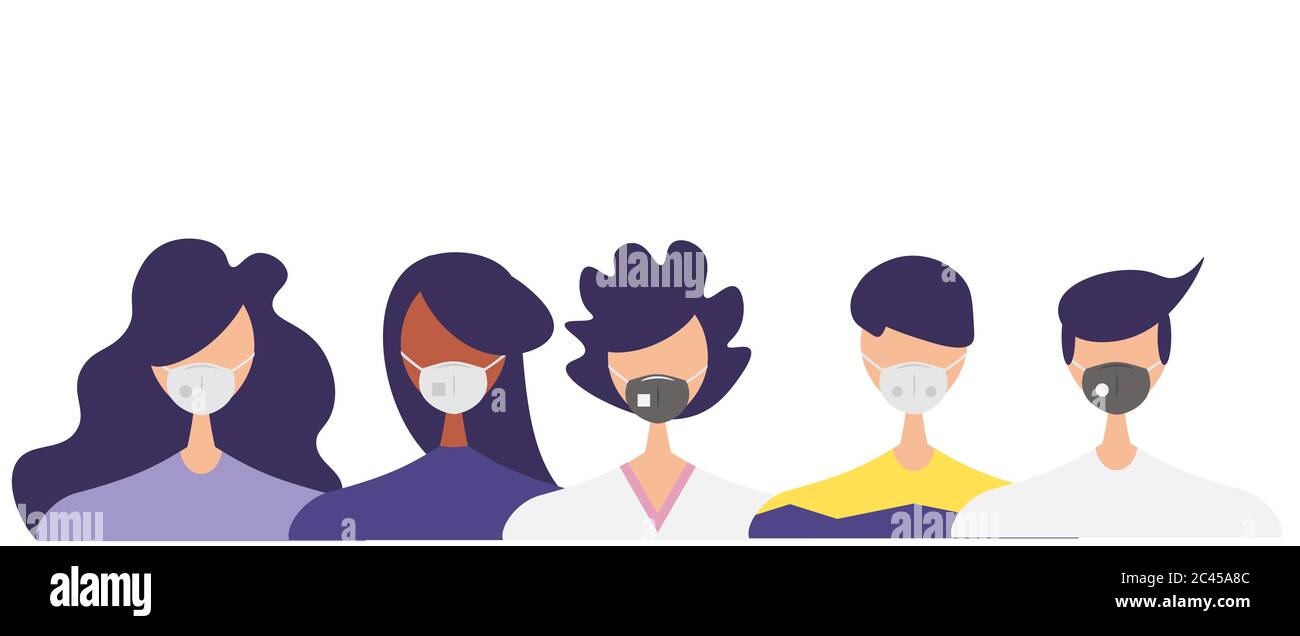 Humans with protective masks flat vector illustrations set. Group of ...
