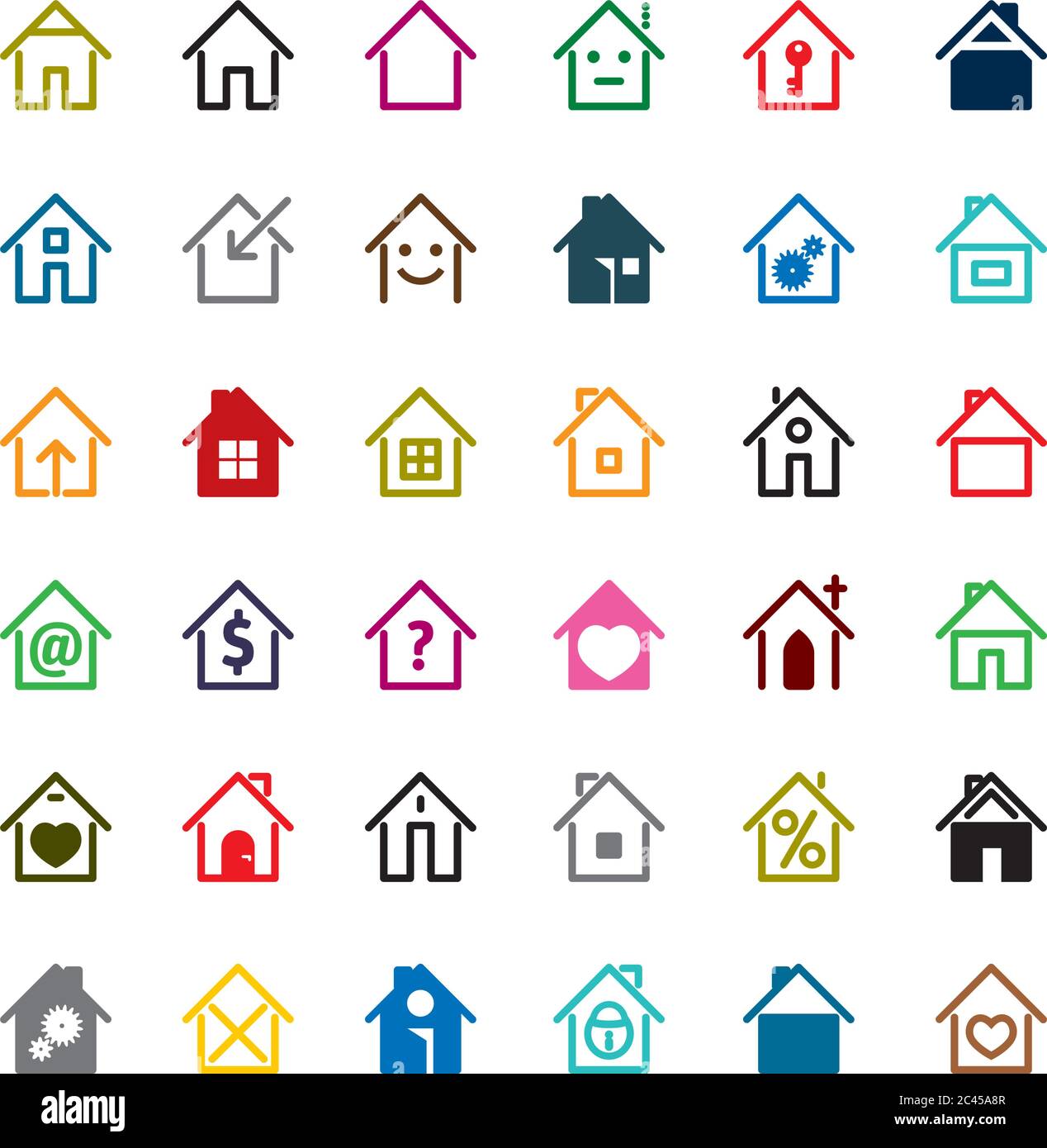 Set of colour house icons. Buildings line icons with tree. Vector ...