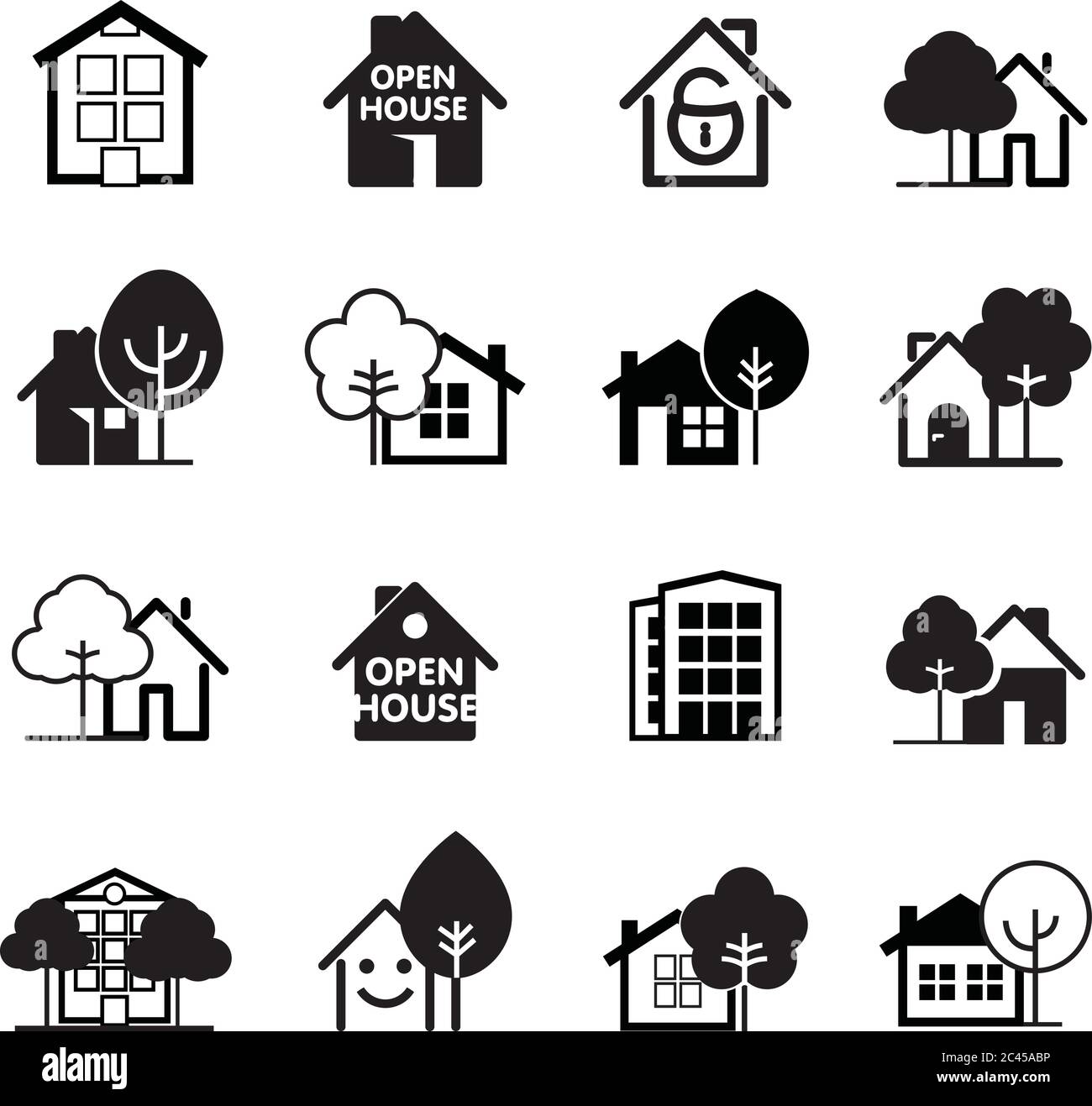 Set of house icons. Buildings line icons with tree. Vector Illustration ...