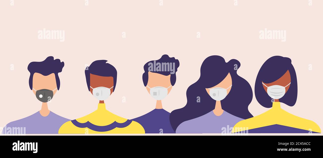 Humans with protective masks flat vector illustrations set. Group of ...