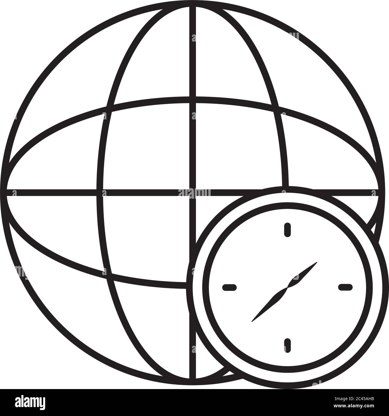 global sphere and clock icon over white background, line style, vector ...