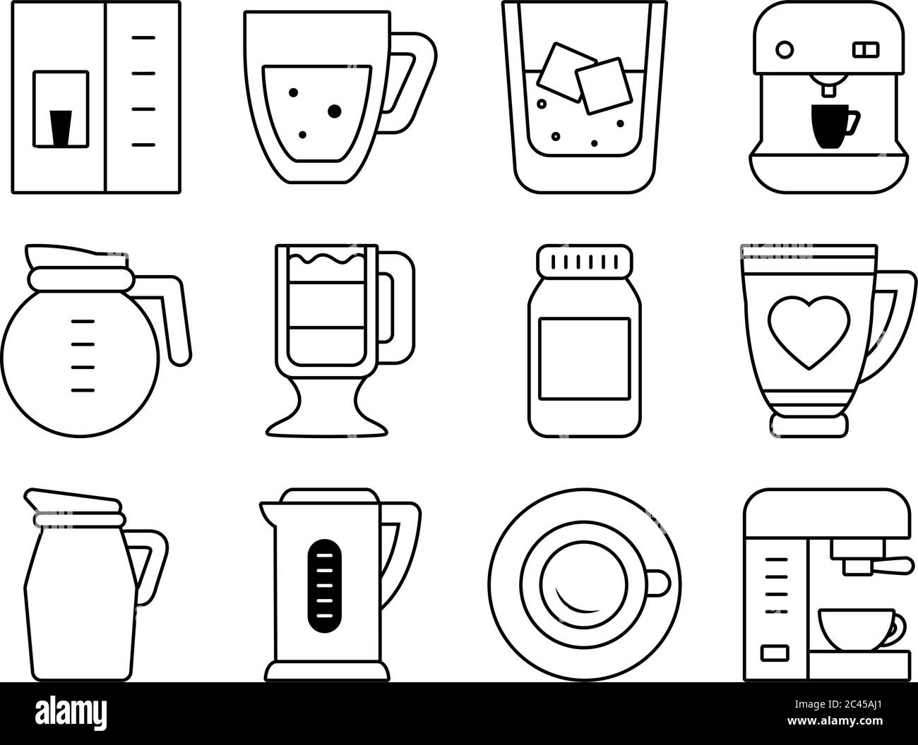 coffee machines and coffee drinks icon set over white background, line ...