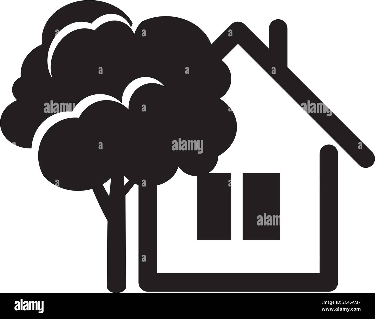 Black house icons. Building line icon with tree. Vector Illustration ...