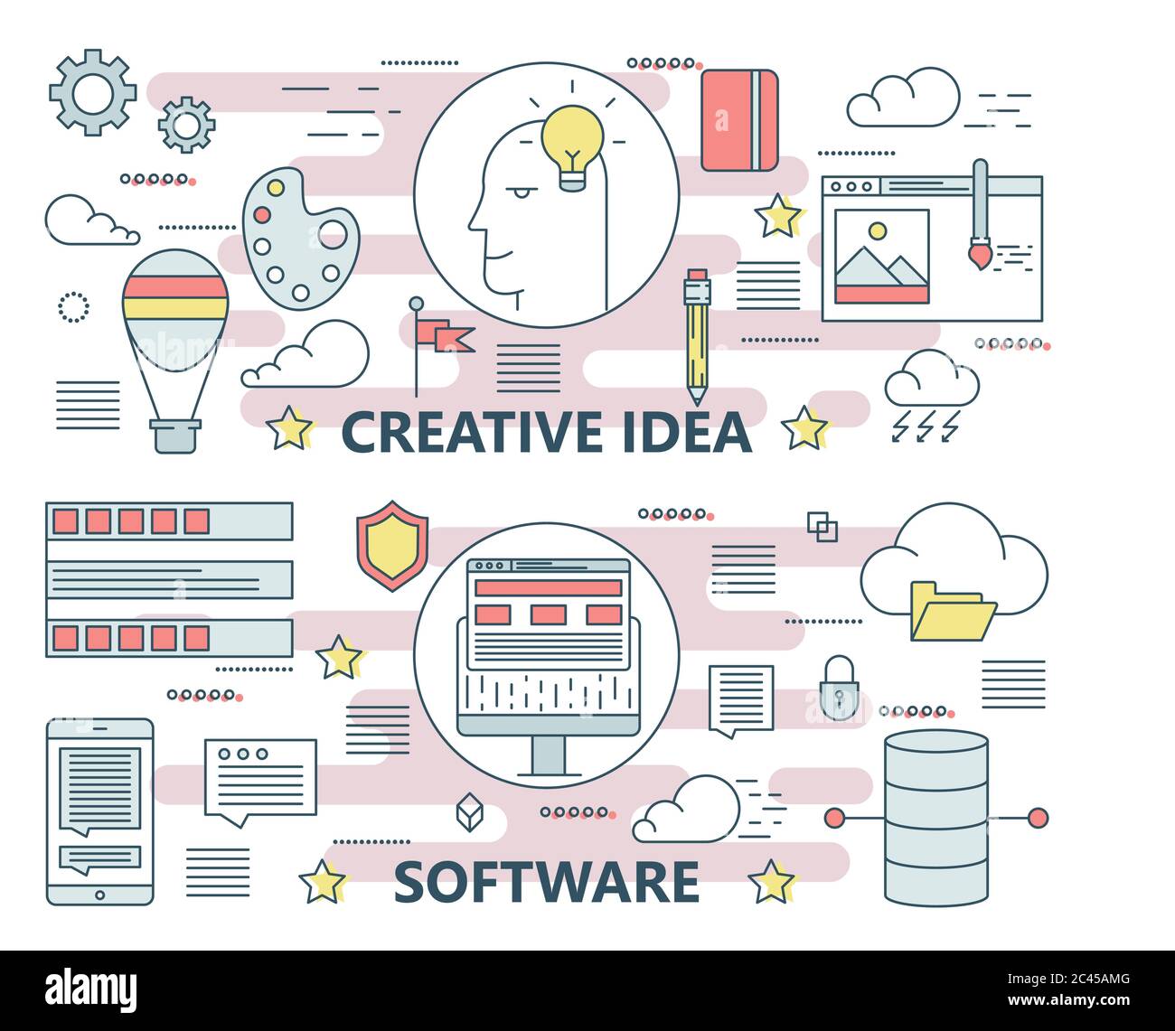 Vector thin line flat creative idea and software concept banners Stock ...