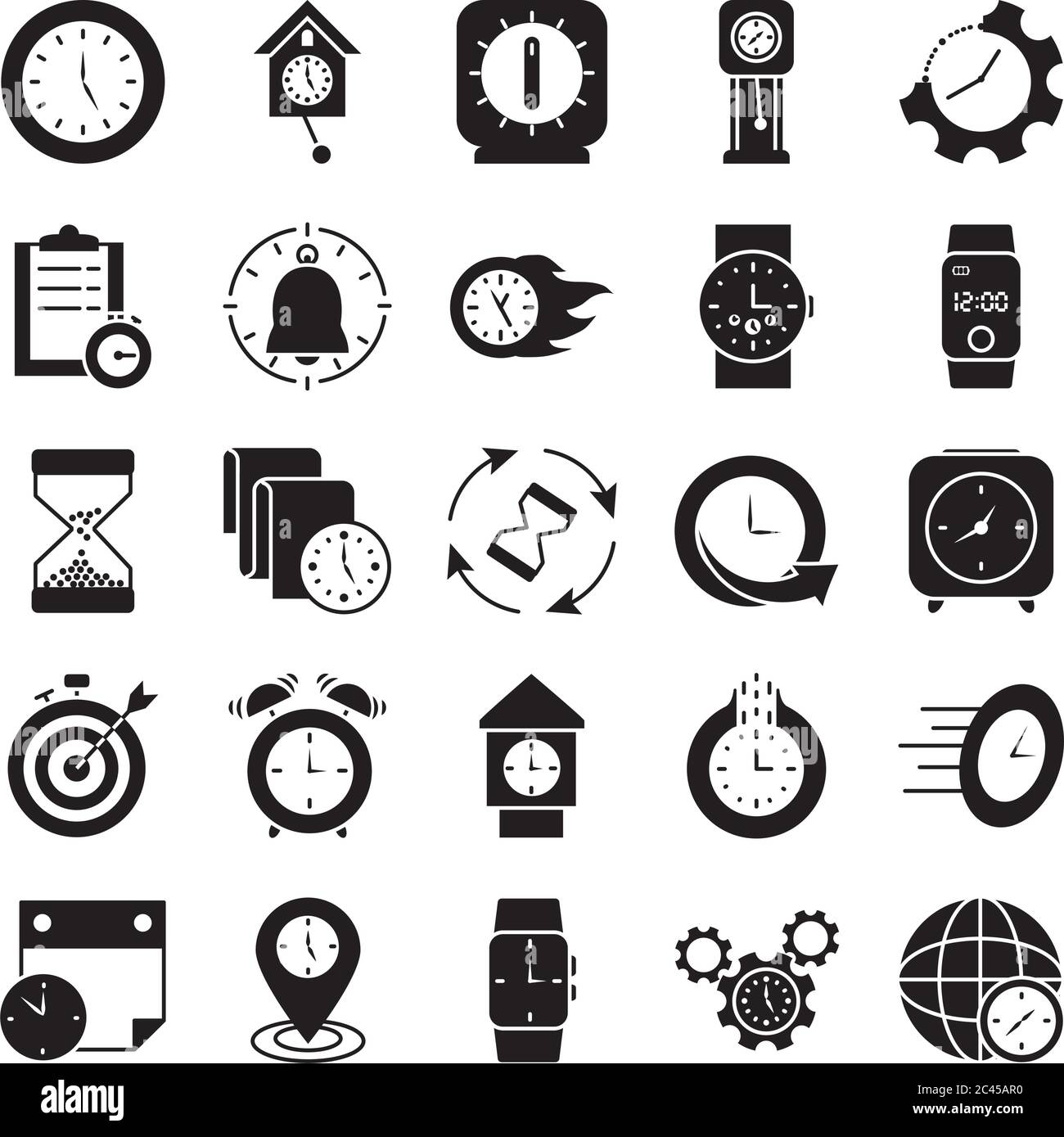 location pin and clocks icon set over white background, silhouette ...