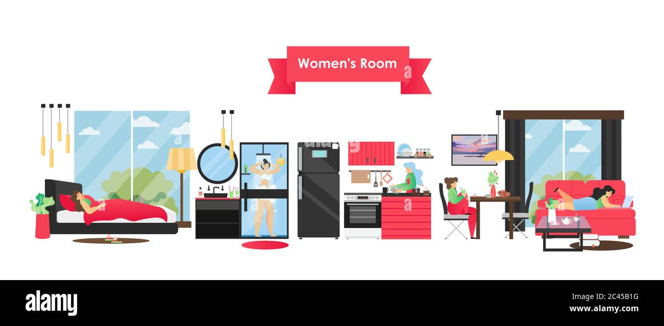 Woman room interior set, vector flat illustration Stock Vector Image ...