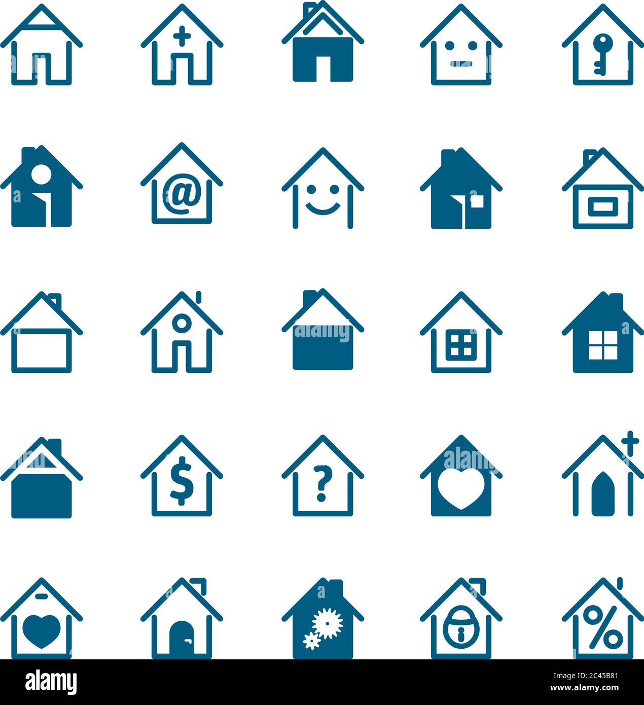 Set of house icons. Buildings line icons with tree. Vector Illustration ...