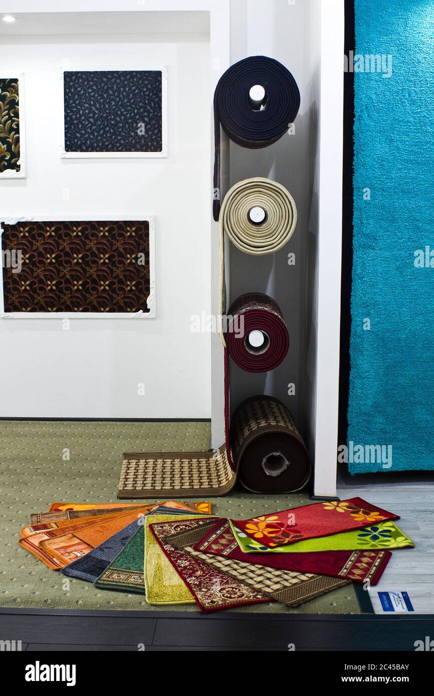 Colorful floor carpet samples on exhibition Stock Photo - Alamy
