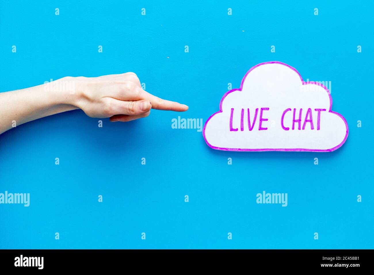 Live chat communication concept - words on blue background top view ...