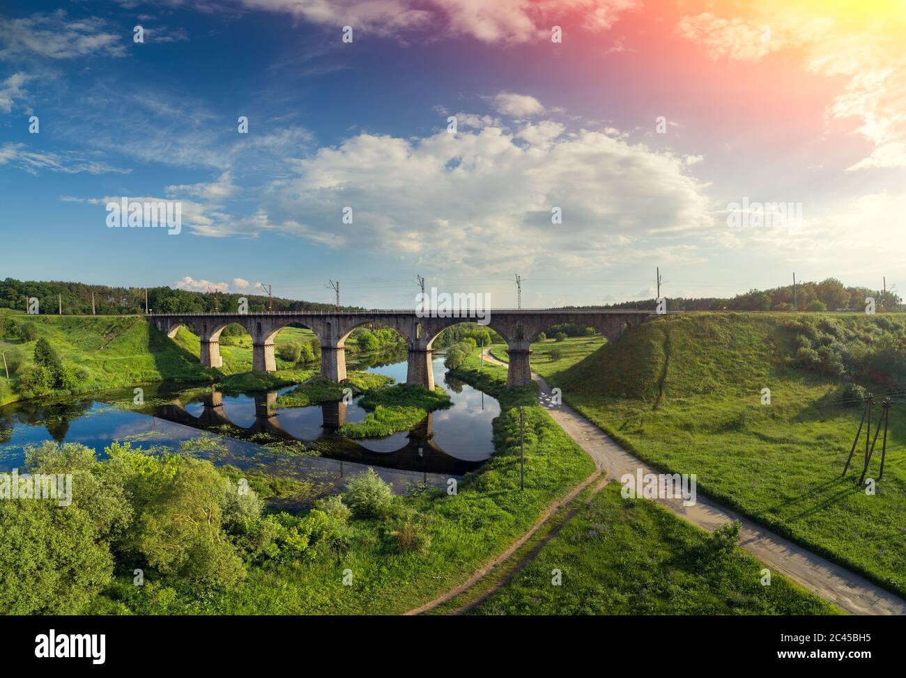 Panoramic view of the Old Arched Stone Railway Viaduct Bridge over the ...