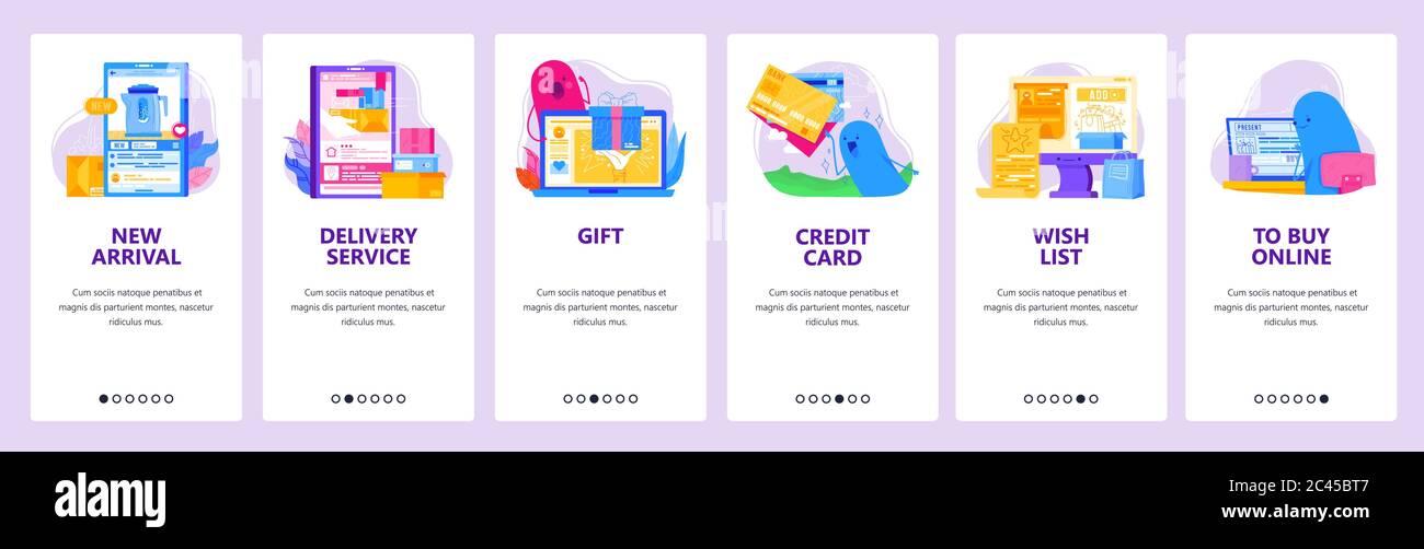 Online shopping concept icon set. Delivery, order online, pay by credit ...