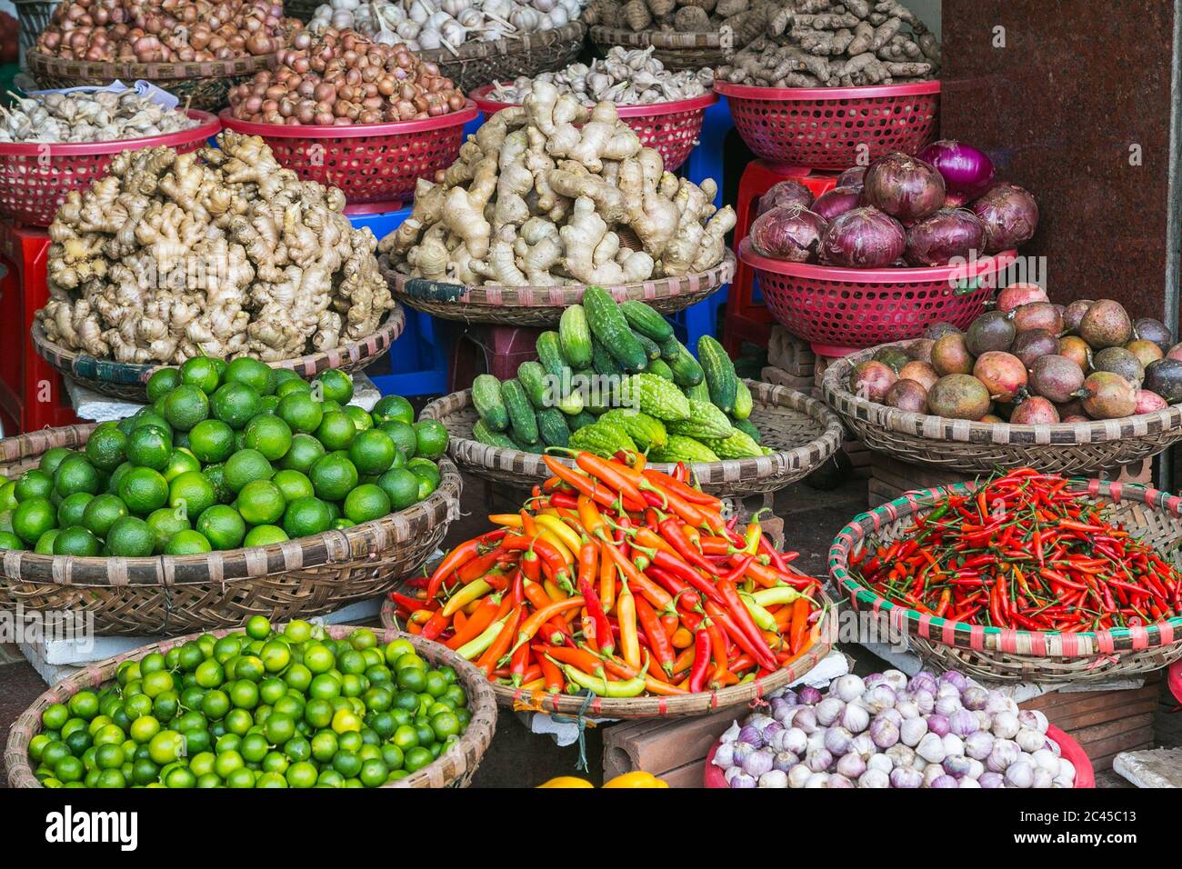 Large amounts of vegetables on display at a stall in Hanoi, Vietnam ...