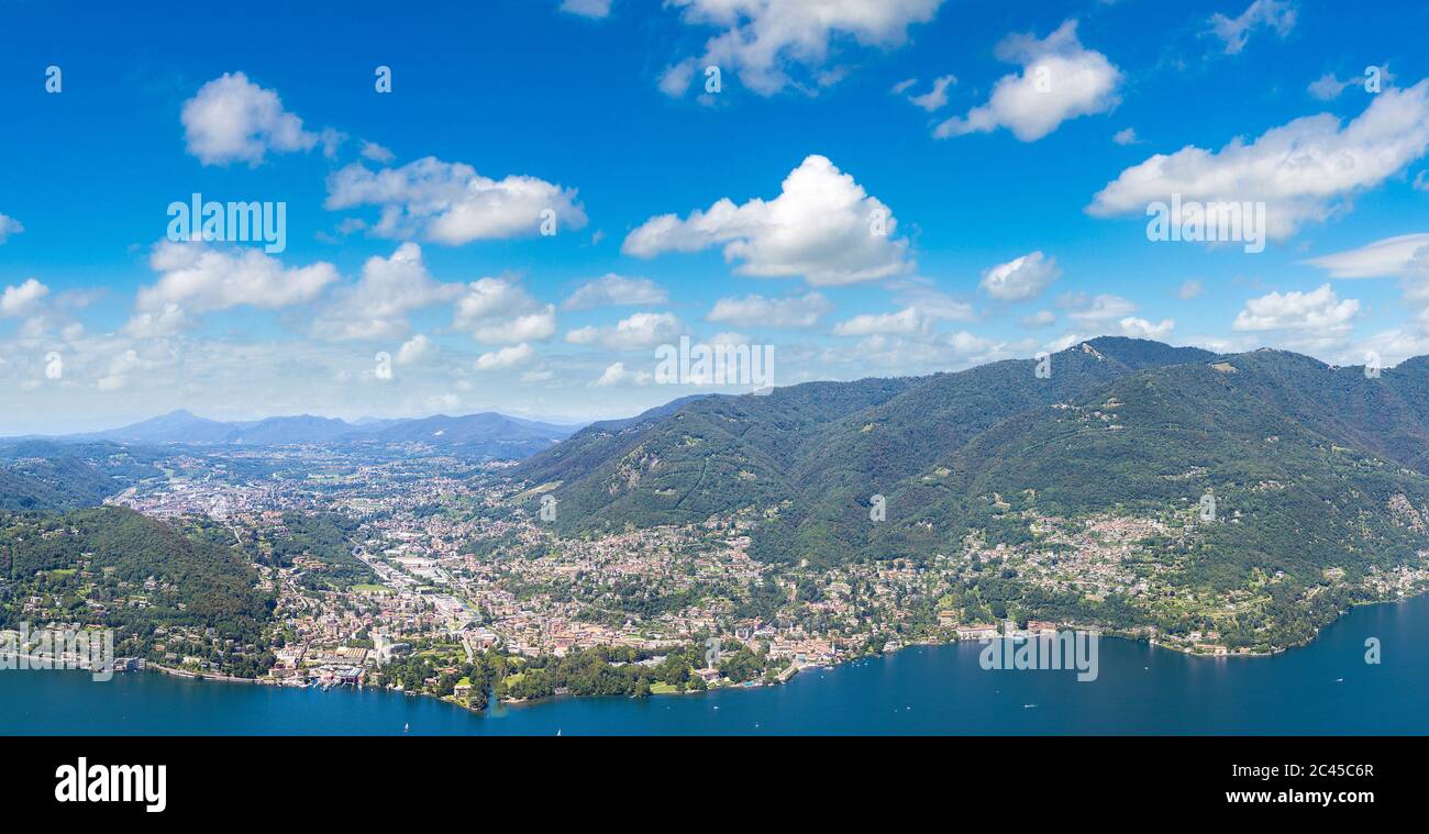 Panoramic aerial view of lake Como in Italy in a beautiful summer day ...