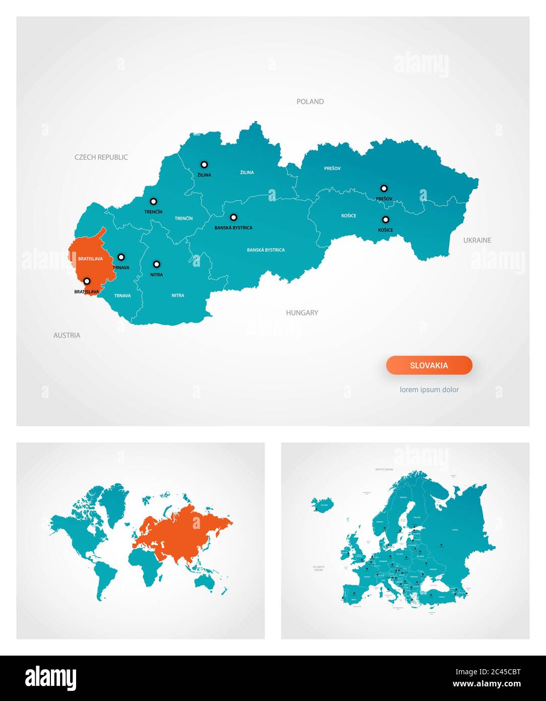 Editable template of map of Slovakia with marks. Slovakia on world map ...