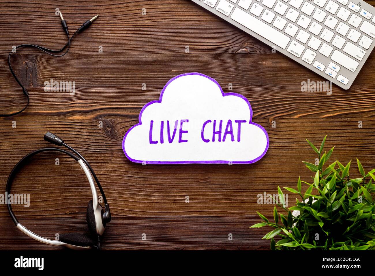 Live chat conversation message concept. Office desktop top view Stock ...