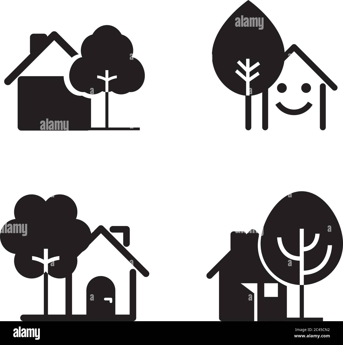 Set of house icons. Buildings line icons with tree. Vector Illustration ...