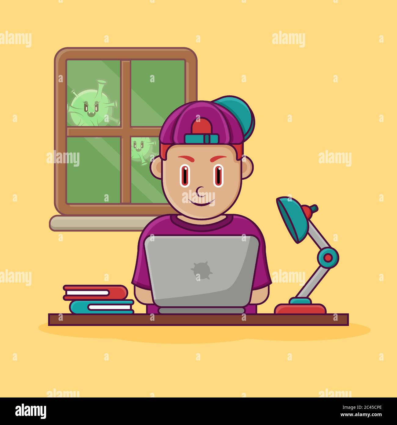 illustration work from home, young man wear hat in front of laptop ...