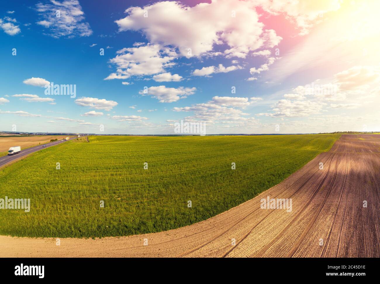 Rural landscape, farmland, aerial view. View of arable and grassy ...