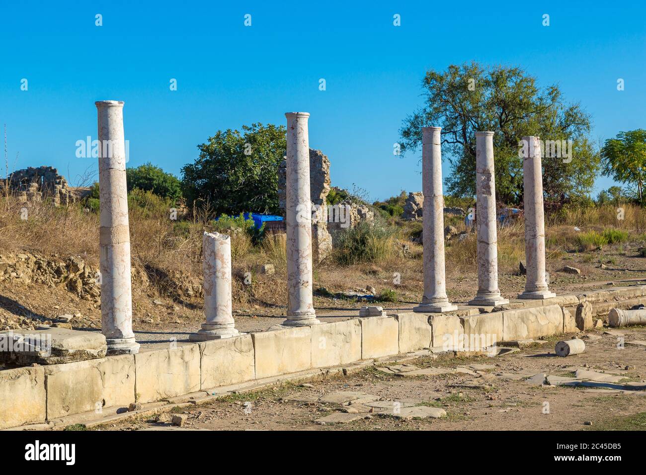 Ruins of agora, ancient city in Side in a beautiful summer day, Antalya ...