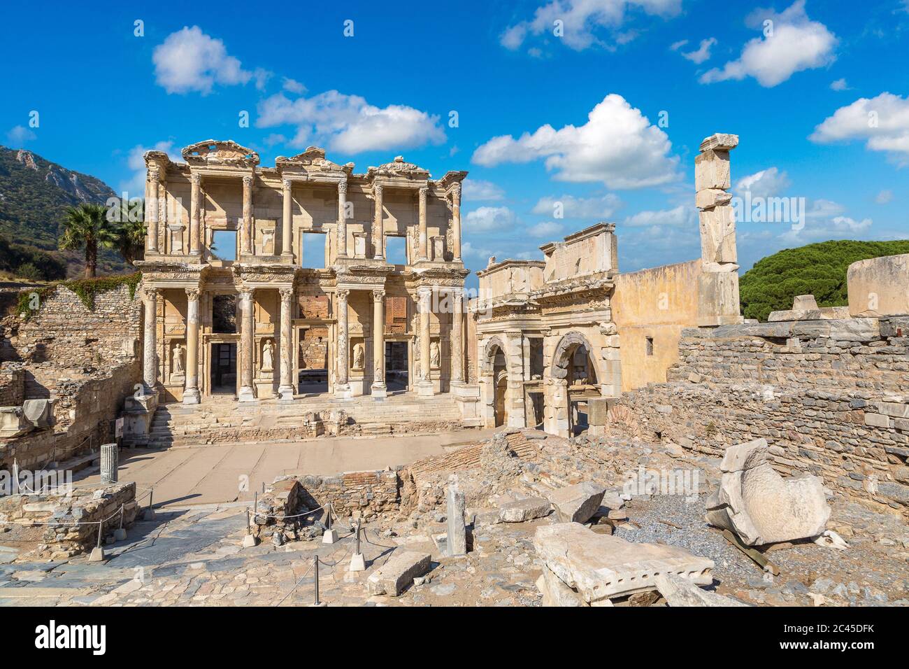 Ruins of Celsius Library in ancient city Ephesus, Turkey in a beautiful ...