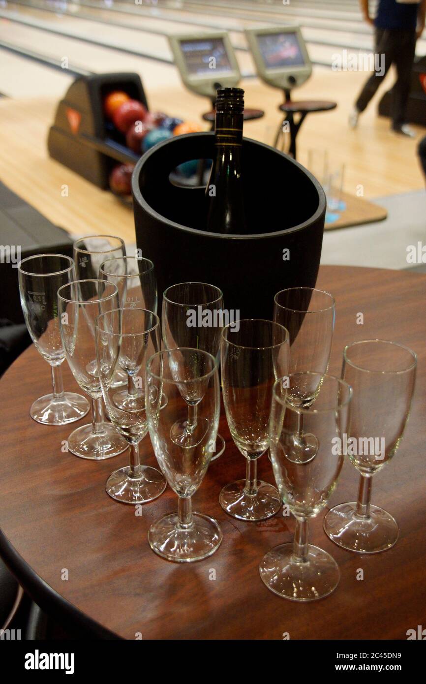 Sparkling wine with glasses at a bowling alley Stock Photo - Alamy