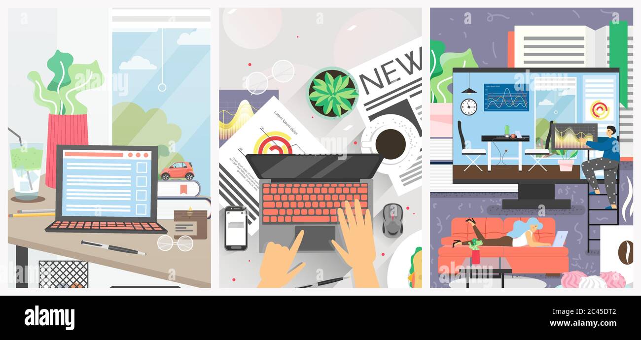 Remote work from home office vector poster template set Stock Vector ...