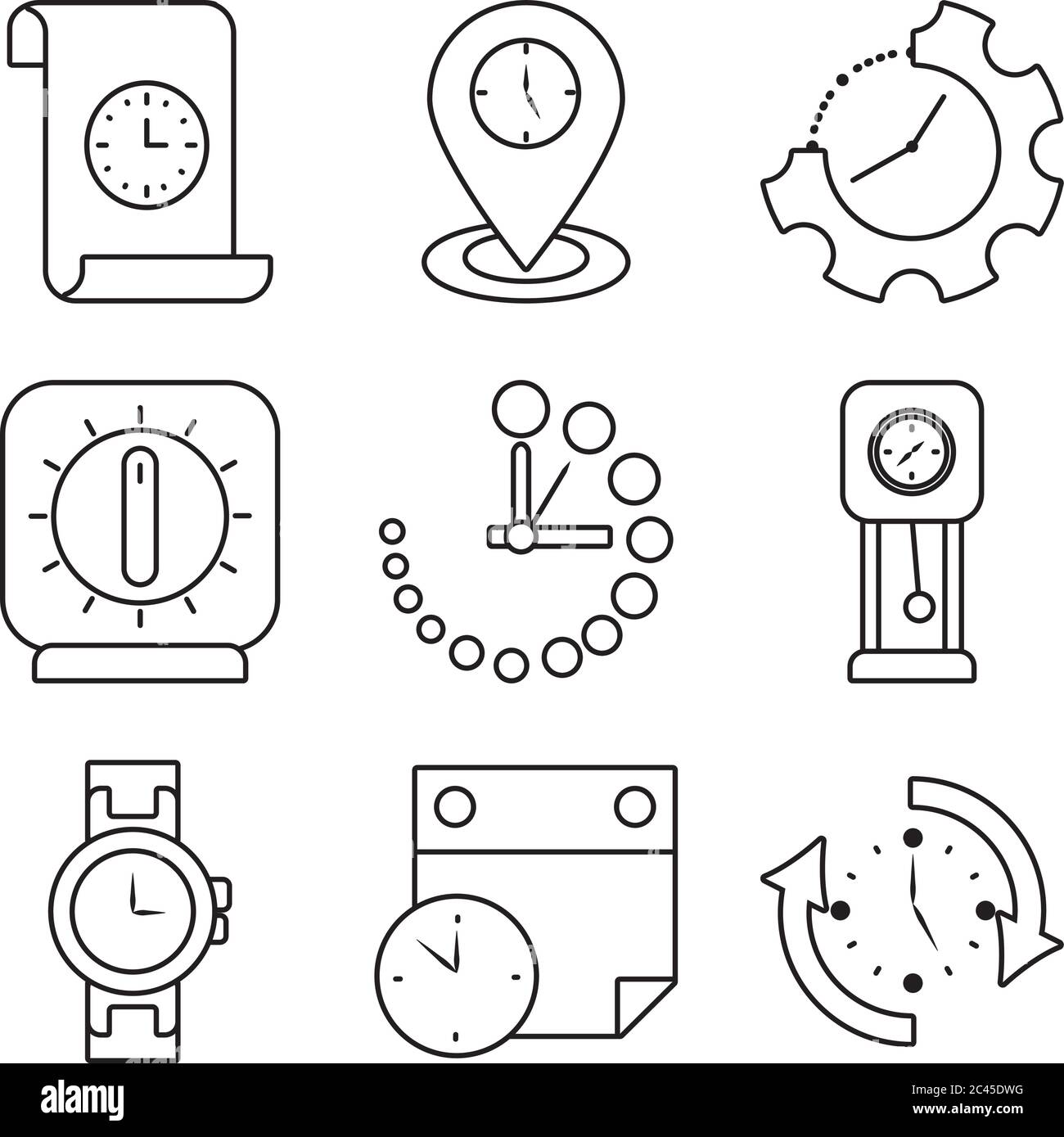 vintage clock and time icon set over white background, line style ...