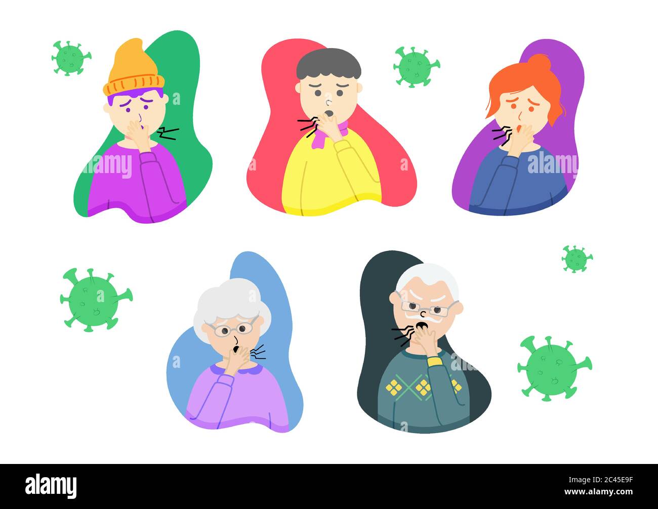 set of character cough, young girl, man, grandfather, grandmother ...