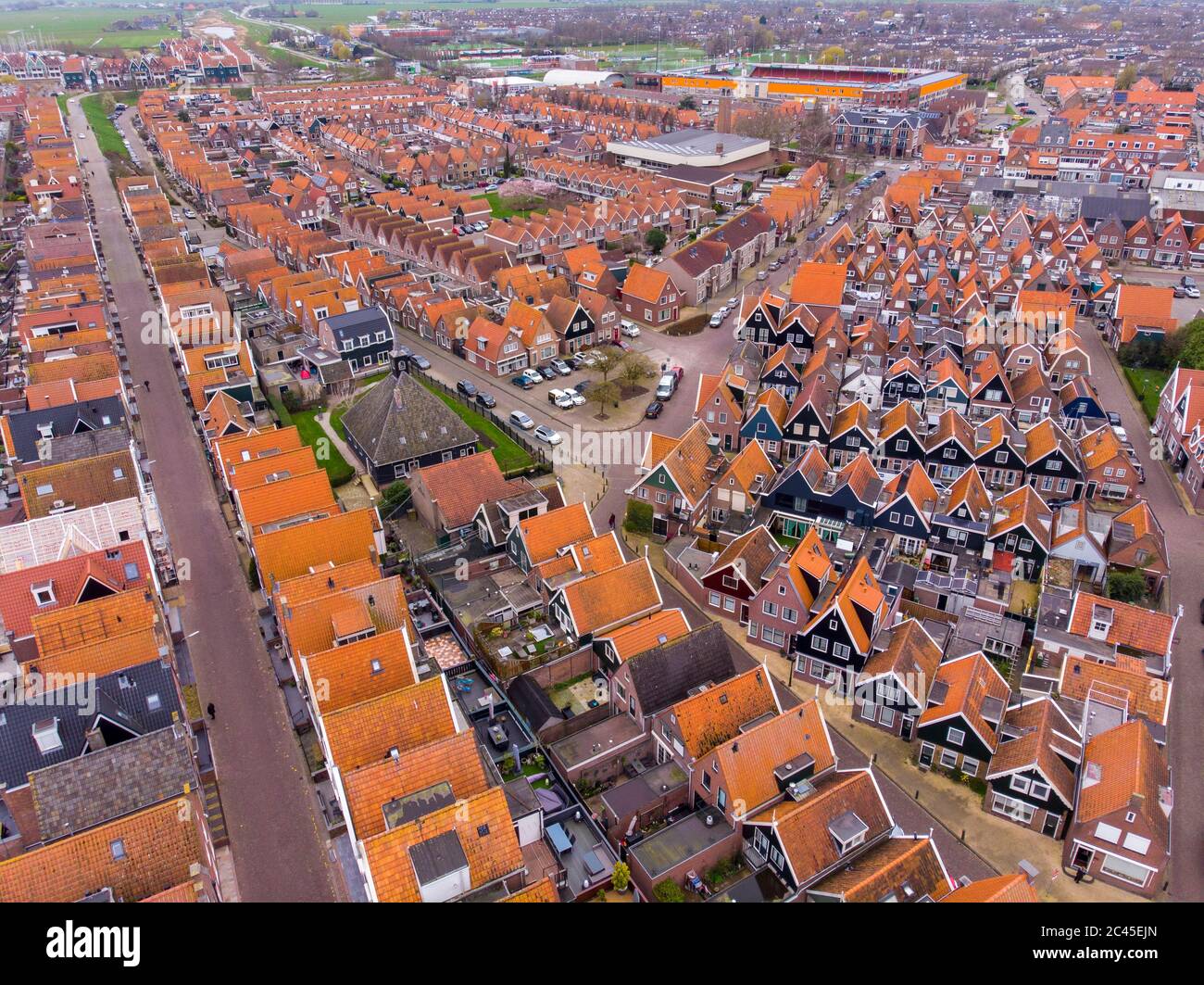 Aerial Shot of the typical Dutch houses in Volendam showing the typical ...