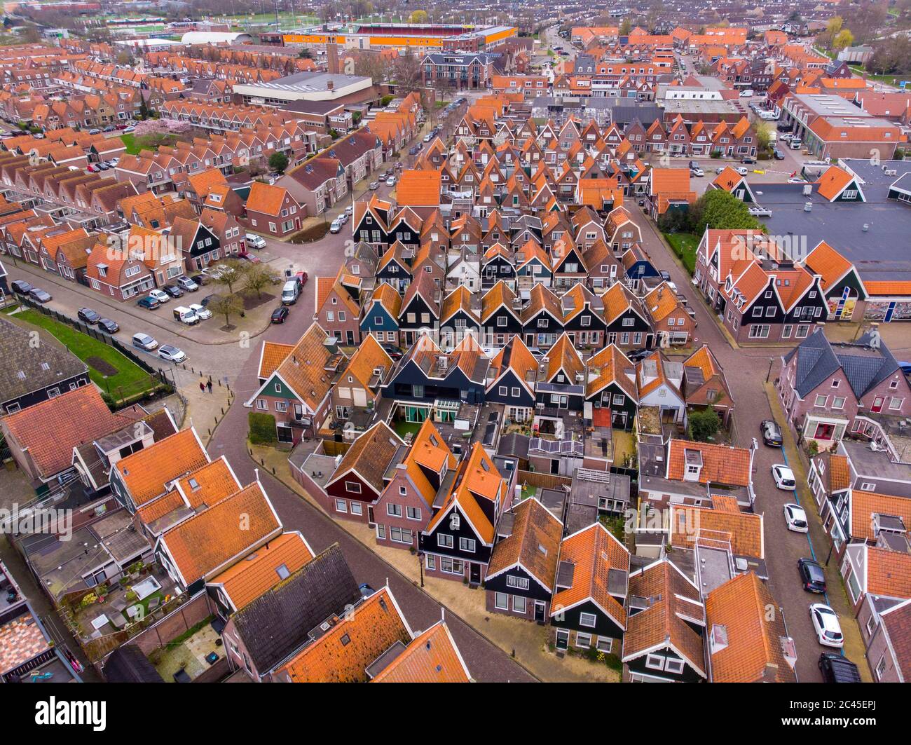 Aerial Shot of the typical Dutch houses in Volendam showing the typical ...