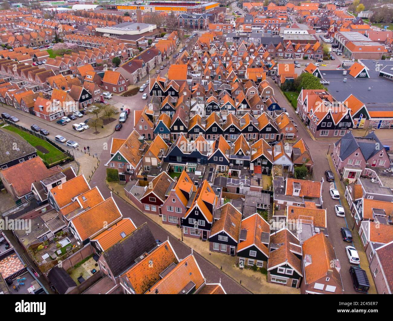 Aerial Shot of the typical Dutch houses in Volendam showing the typical ...