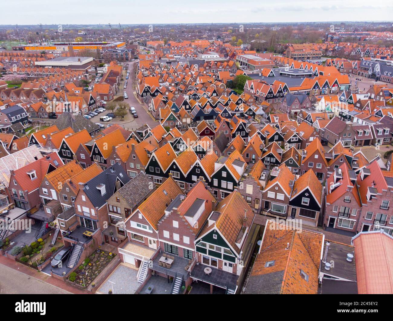 Aerial Shot of the typical Dutch houses in Volendam showing the typical ...