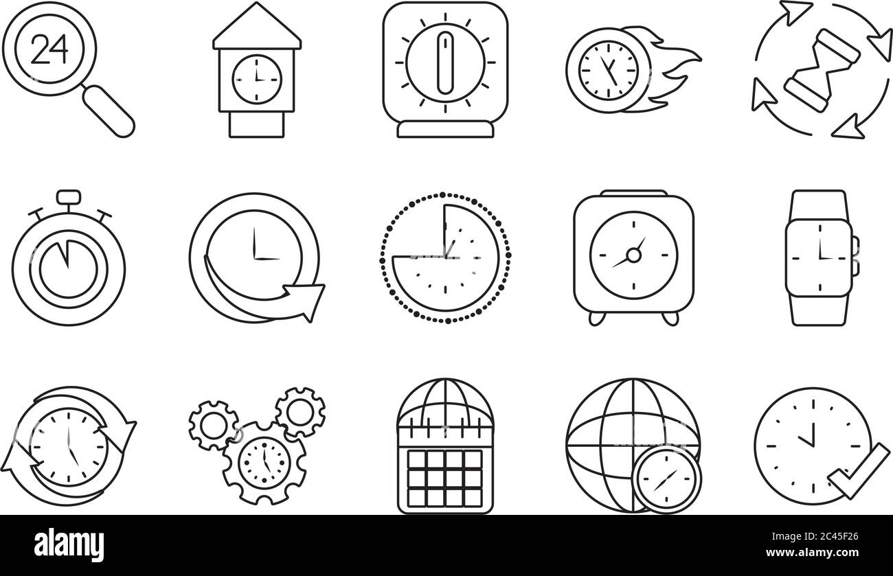 Global Sphere And Time Icon Set Over White Background Line Style Vector Illustration Stock