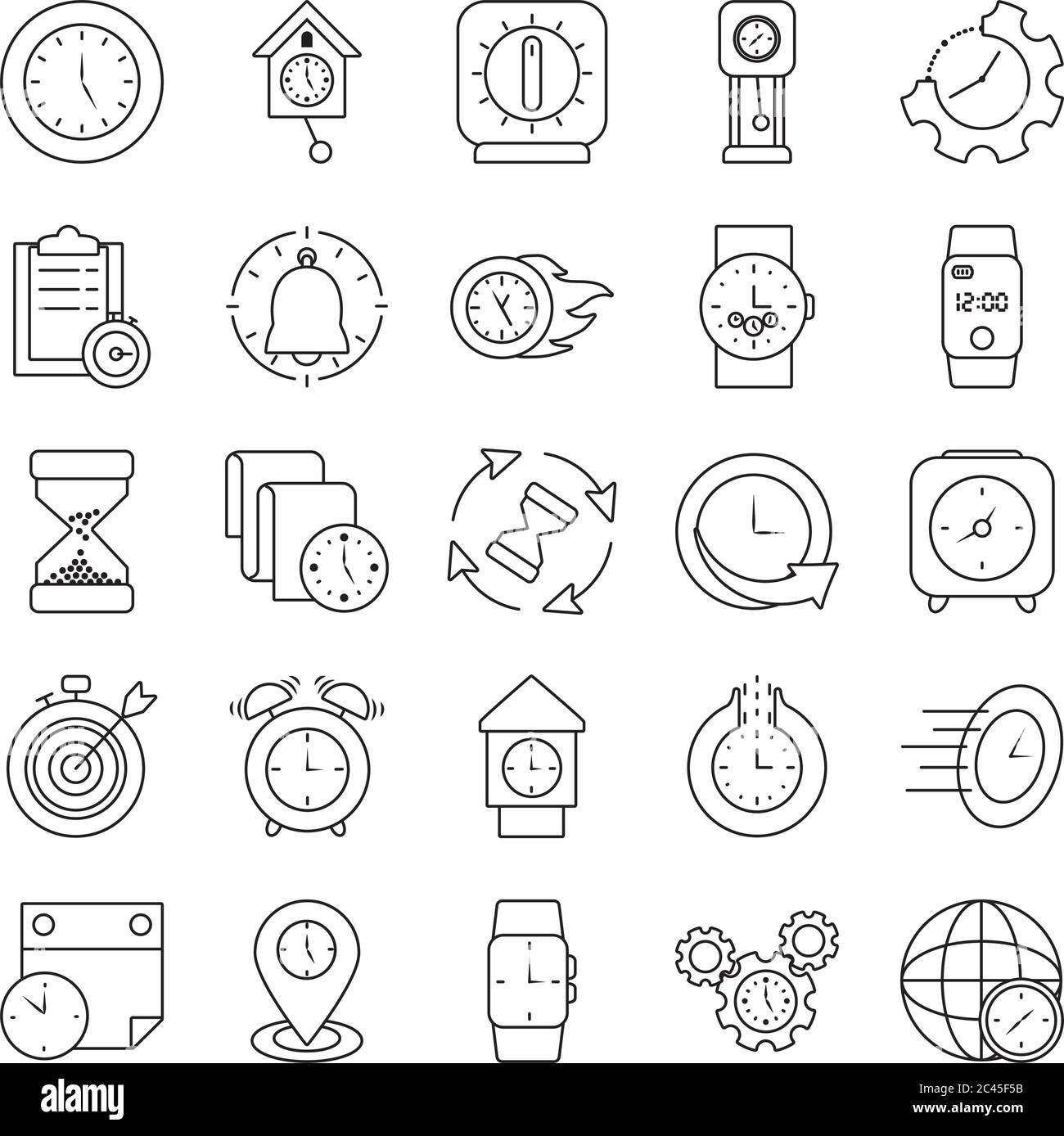 location pin and clocks icon set over white background, line style ...