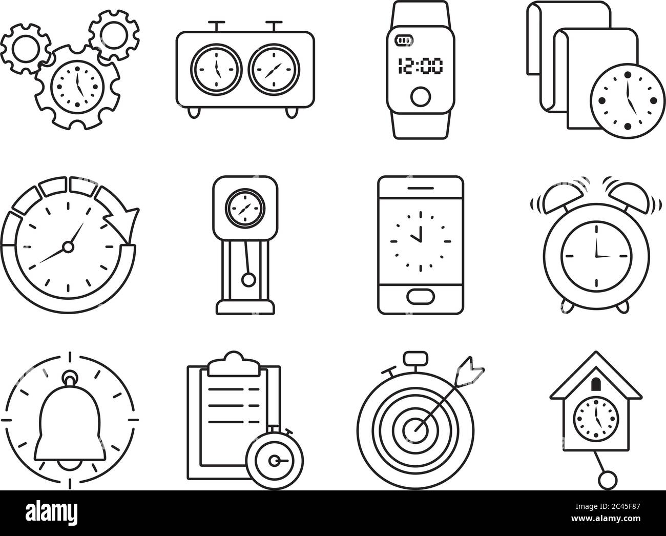 chess clocks and clock icon set over white background, line style ...