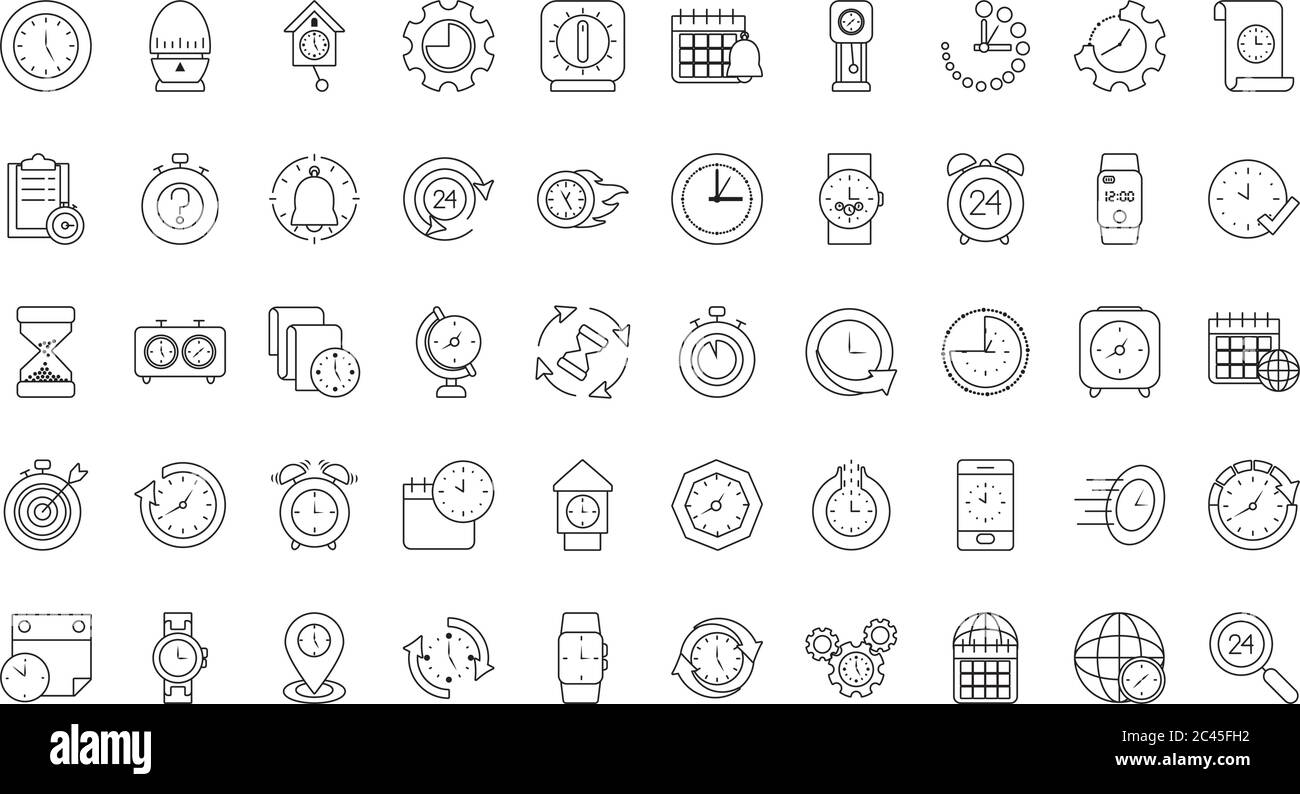 time and clocks icon set over white background, line style, vector ...