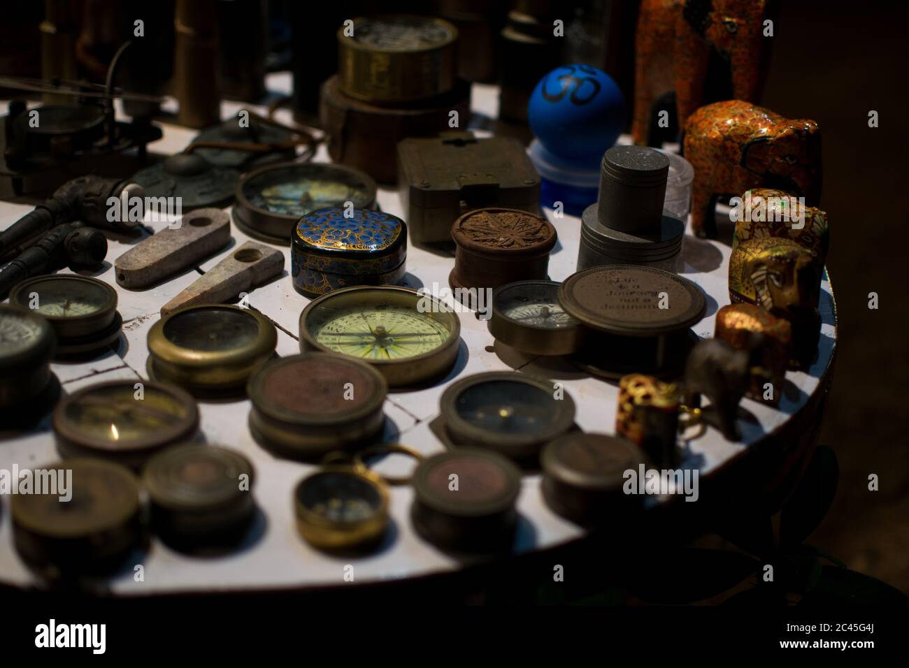 Selective focus shot of antique rare items collection including old ...