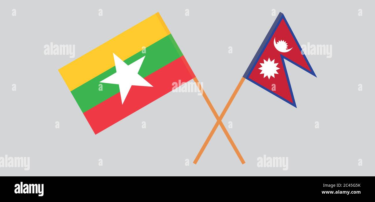 Crossed flags of Nepal and Myanmar. Official colors. Correct proportion ...