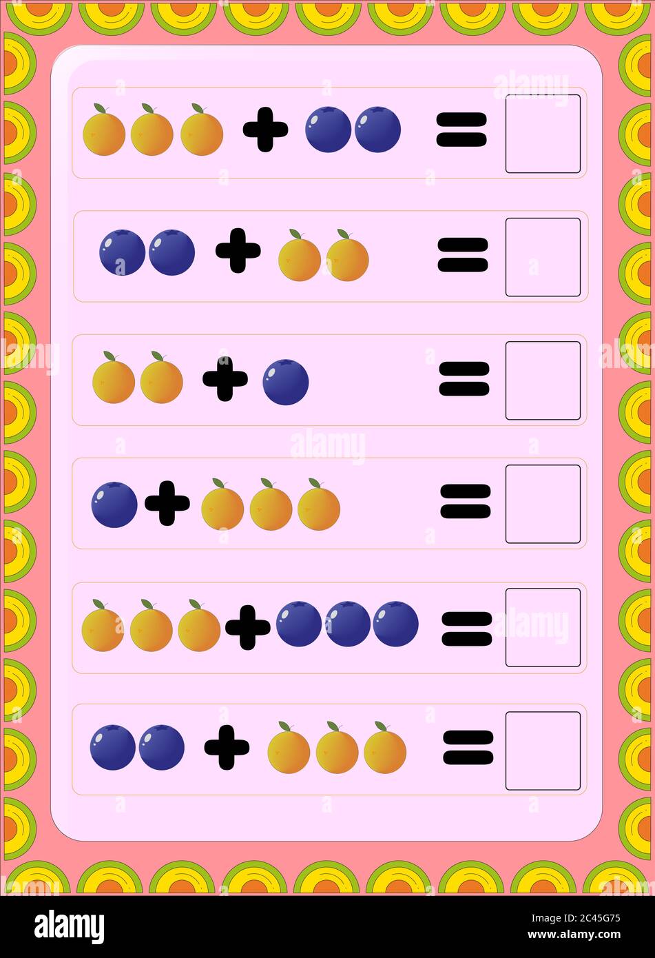 Preschool and toddler math with blueberry and orange fruit design Stock ...