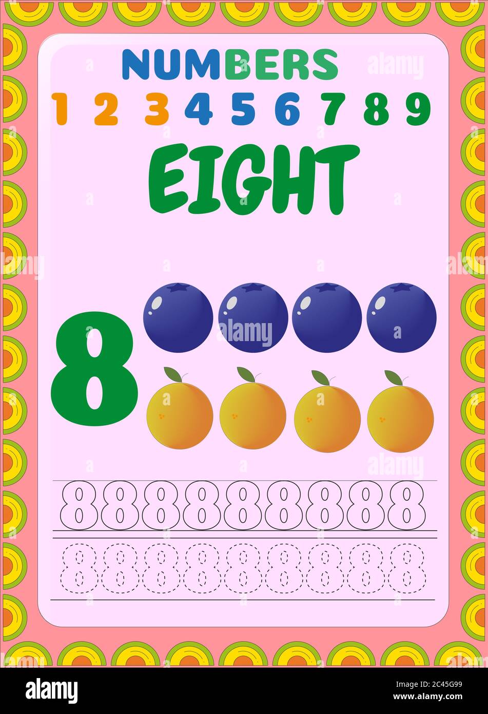 Preschool and toddler math with blueberry and orange fruit design Stock ...