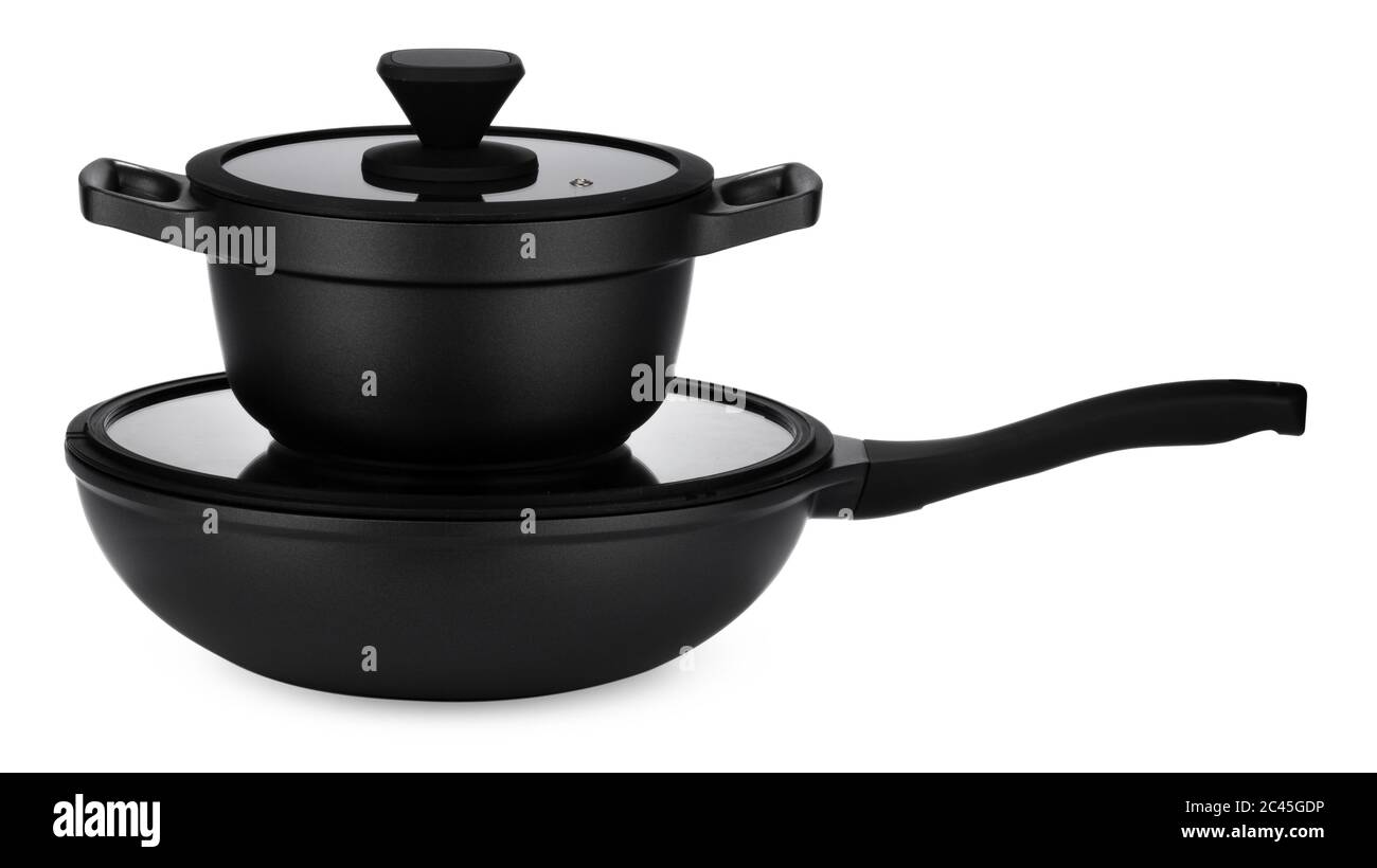 New set of black cookware isolated on white Stock Photo - Alamy