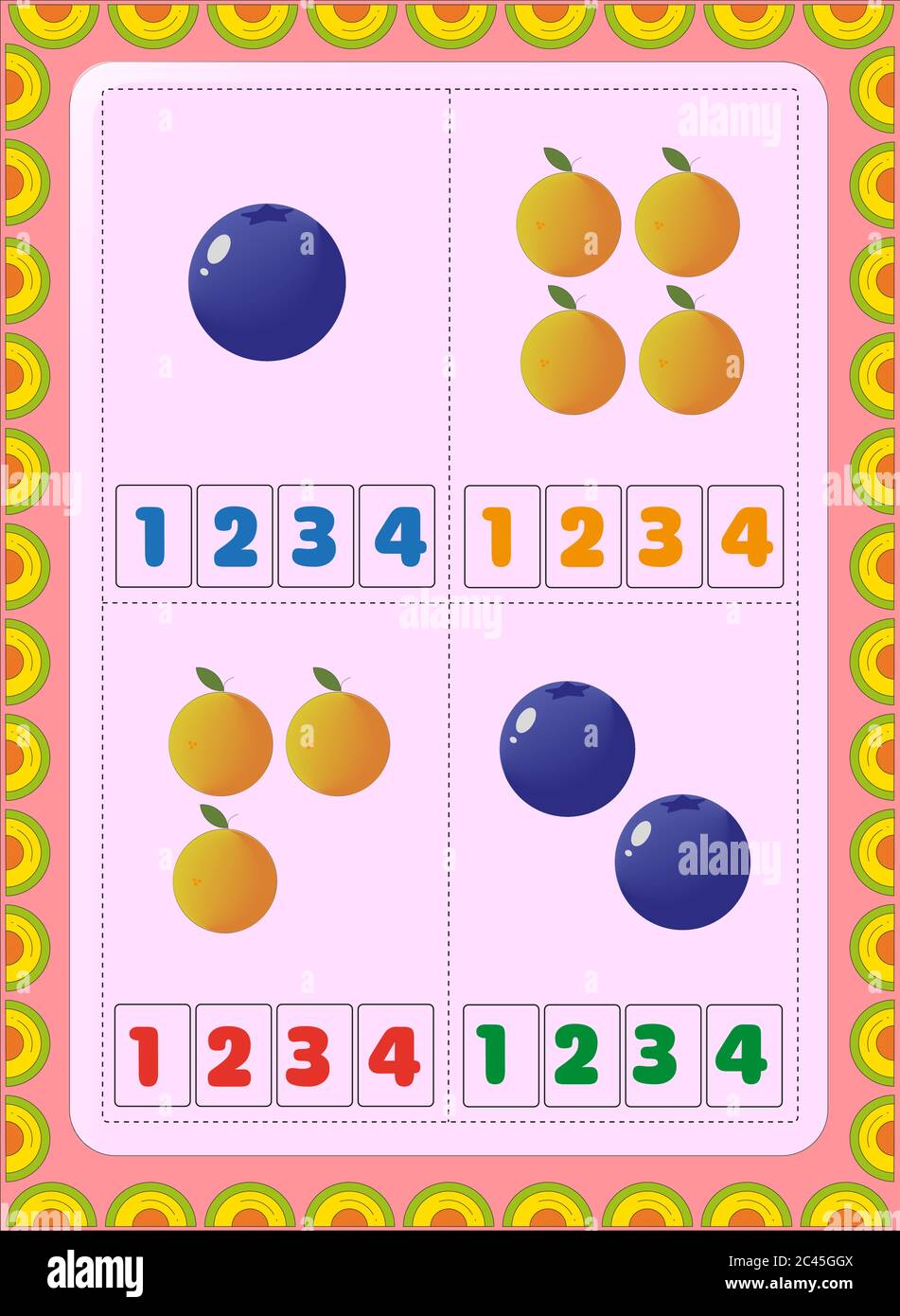 Preschool and toddler math with blueberry and orange fruit design Stock ...