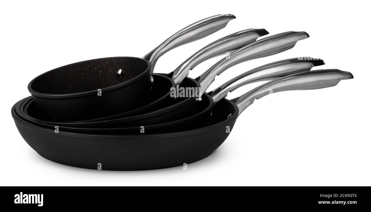 Set of new black pans isolated on white Stock Photo - Alamy