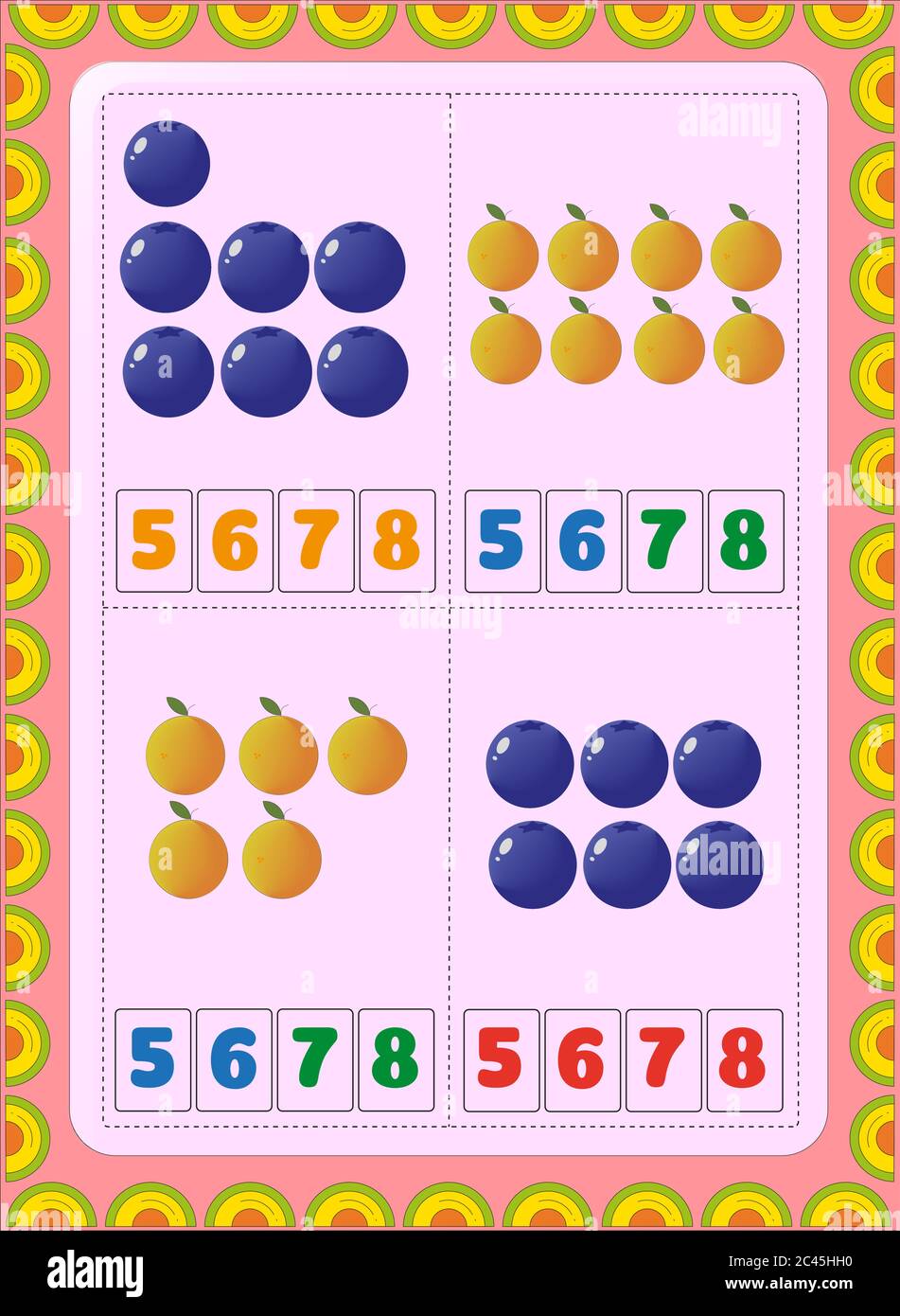 Preschool and toddler math with blueberry and orange fruit design Stock ...