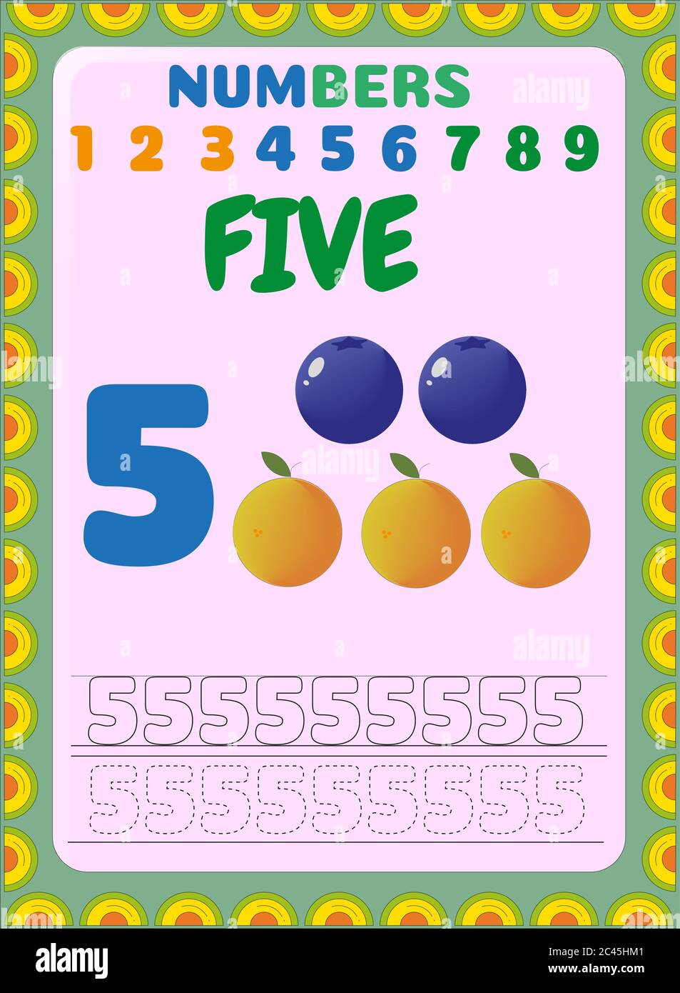 Preschool and toddler math with blueberry and orange fruit design Stock ...