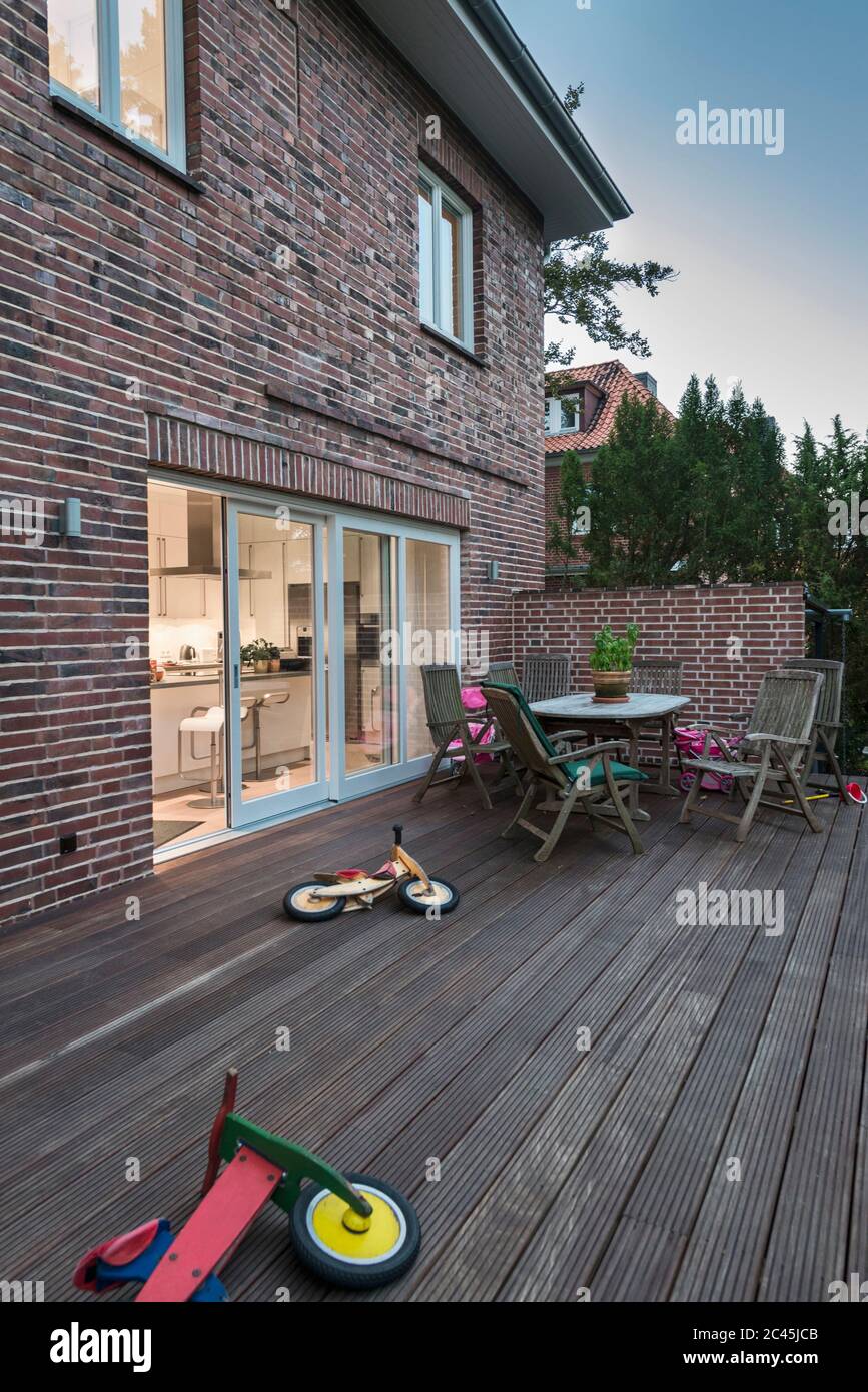 Terrace of a bricked residential building, Lüneburg, Lower Saxony ...