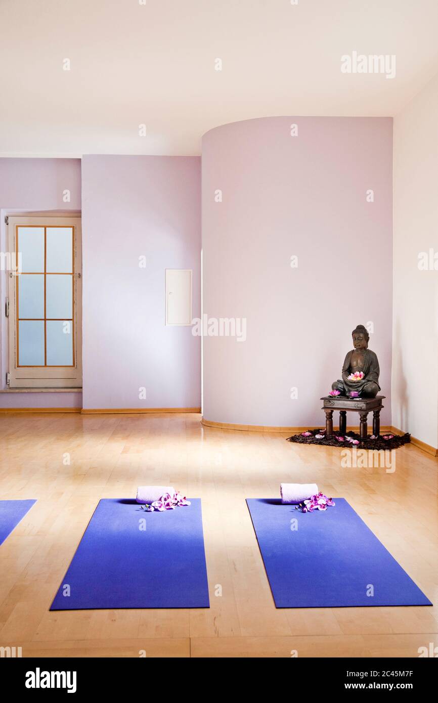 Exercise mats and Buddha statue in a gym Stock Photo - Alamy