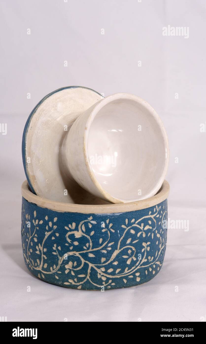 Hand made traditional ceramic butter bell pottery with blue finish and ...