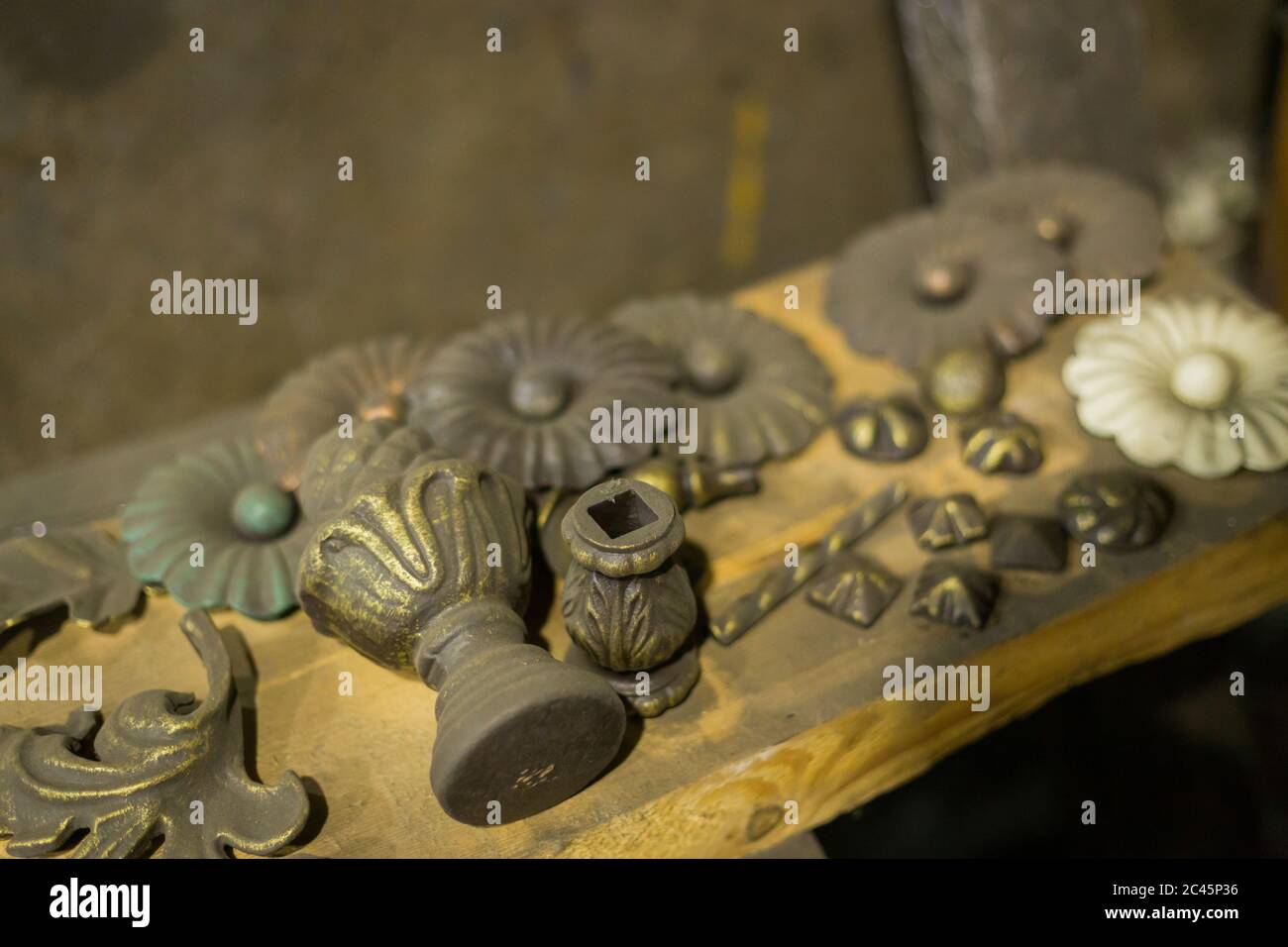 Blacksmith decorative elements at forge, workshop. Handmade ...
