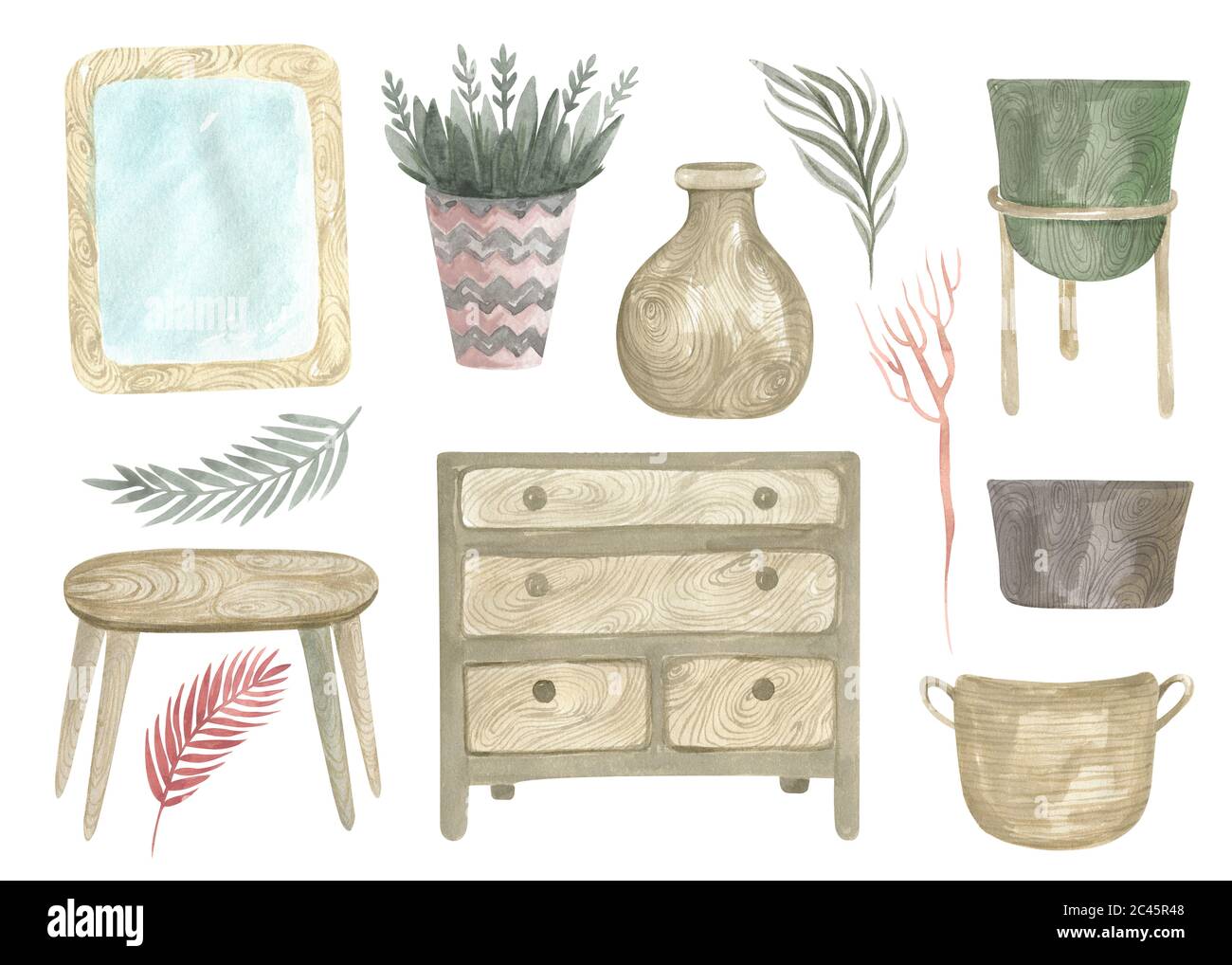 Watercolor illustration set of items for home decoration. Hand painted ...